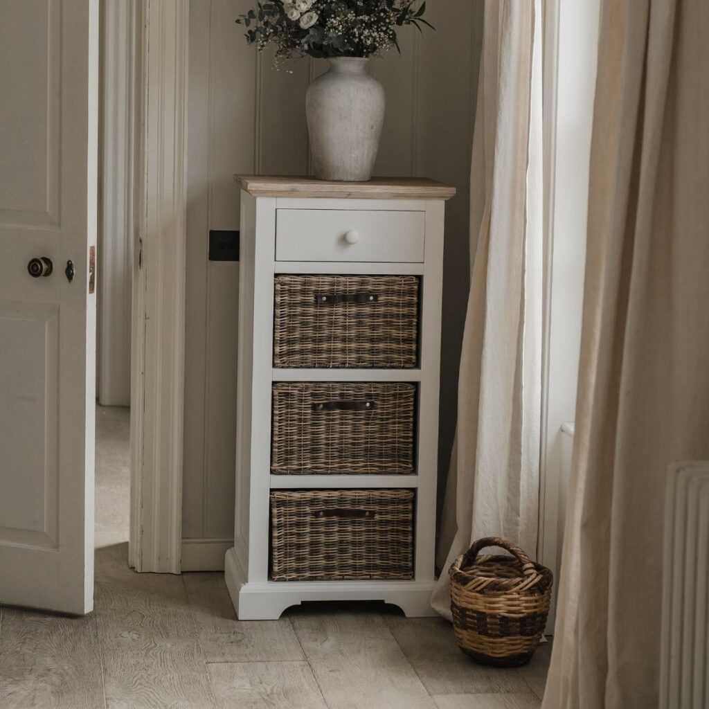 Florence White Wooden Tallboy with Drawer & Baskets