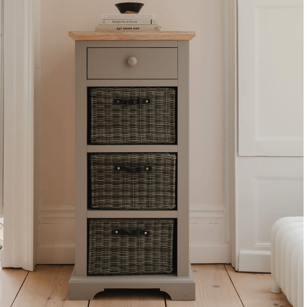 Florence dove grey tallboy with drawer and 3 storage baskets